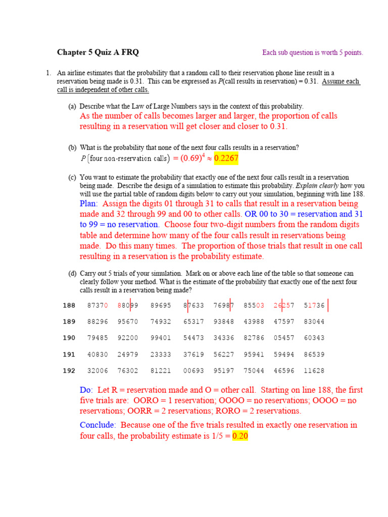 Chapter 5 Quiz A FRQ--ANSWER KEY | PDF | Statistical Theory | Applied Mathematics