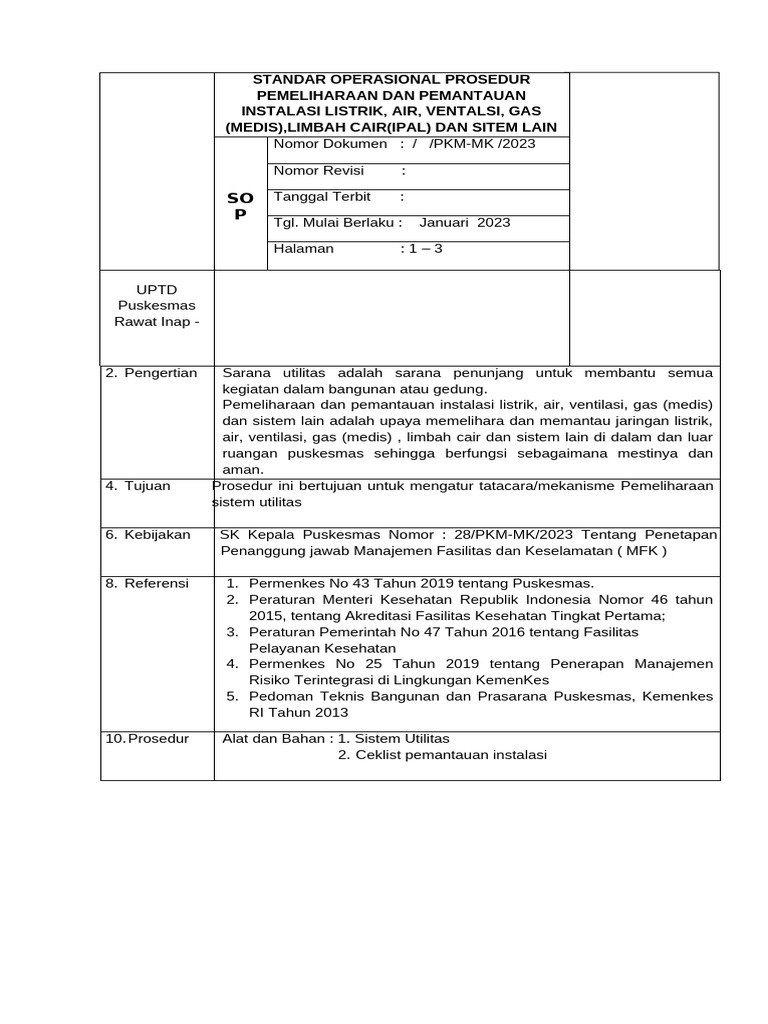 Standar Operasional Prosedur Pemeliharaan Dan Pemantauan Instalasi ...