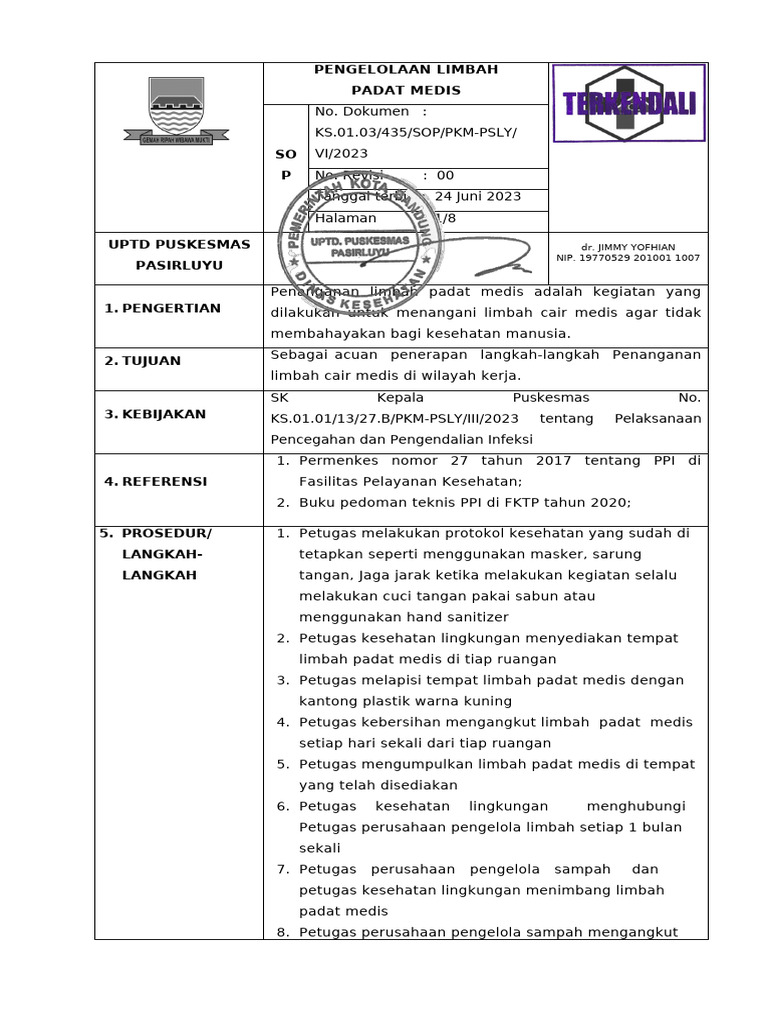 Sop Pengelolaan Limbah Padat Medis | PDF | Sains & Matematika
