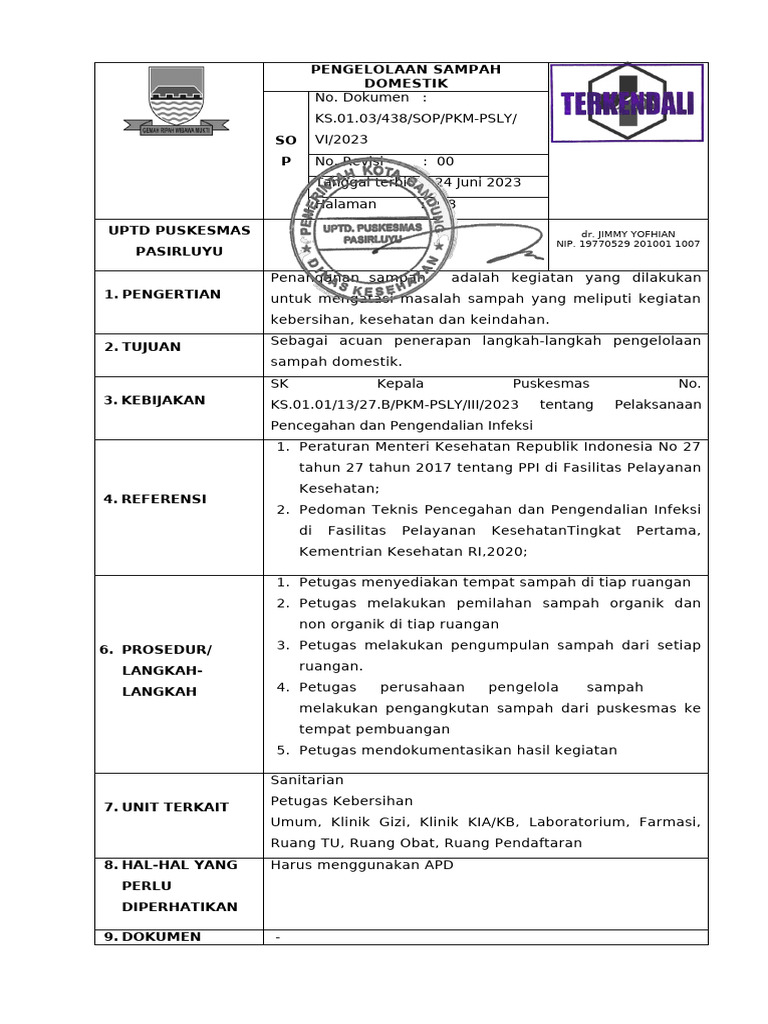 Sop Pengelolaan Sampah Domestik | PDF | Pengembangan Diri