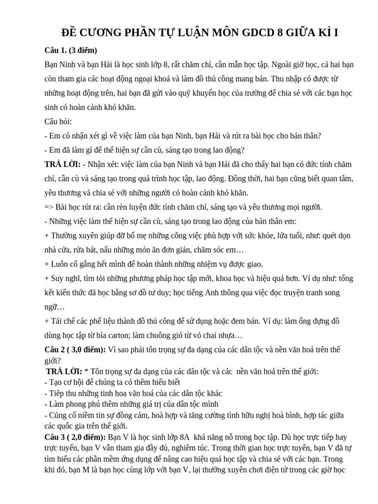 ĐỀ CƯƠNG GIỮA KÌ GDCD 8 | PDF