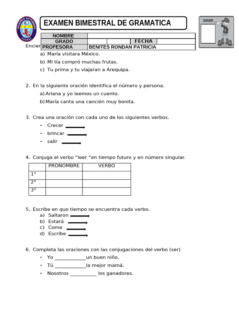 Examen - Bimestral - de - GRAMATICA 2 A MISS PATTY | PDF