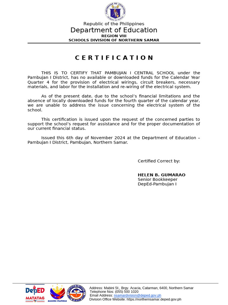 Certification of Fund Unavailability for Pambujan I Central School | PDF