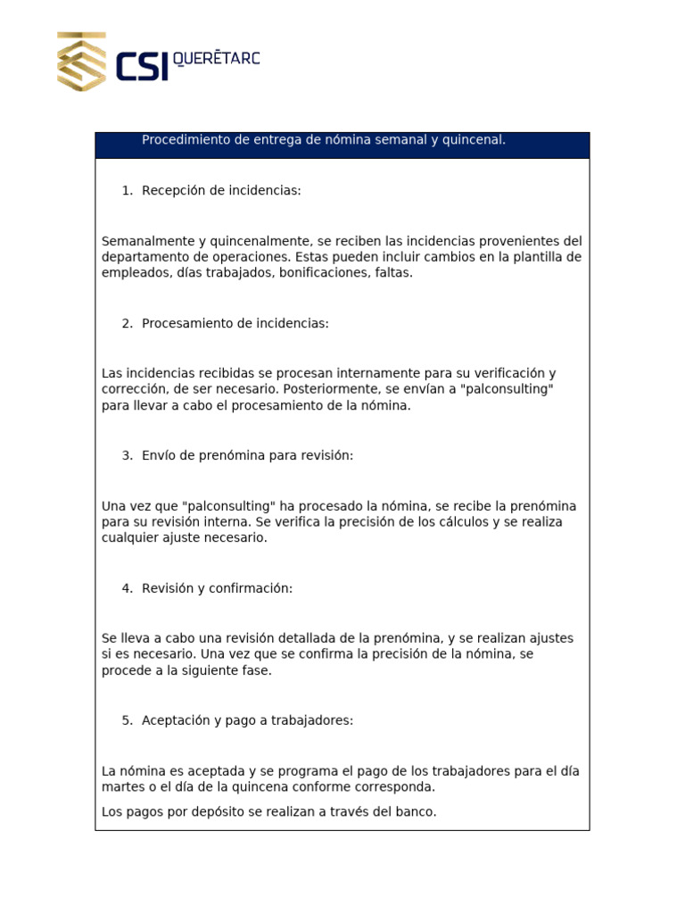 Procedimiento Entrega Nómina | PDF | Crecimiento personal y profesional ...