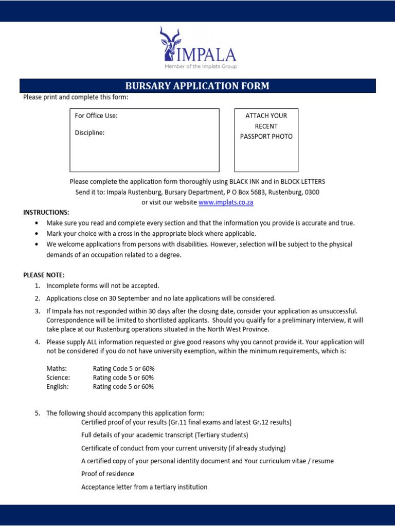 NEW BURSARY APPLICATION FORM IMPALA 21 October 2021 Final | PDF ...