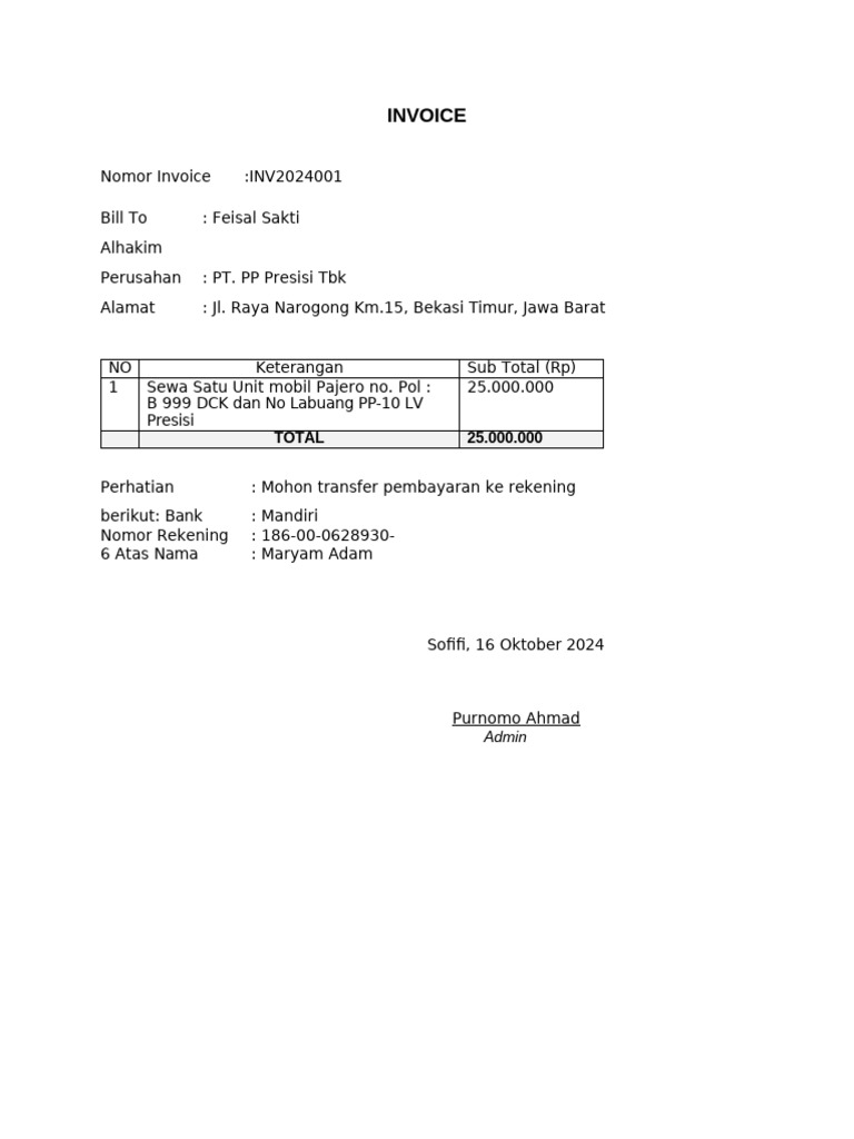 Invoice Sewa Mobil PT. PP Presisi | PDF