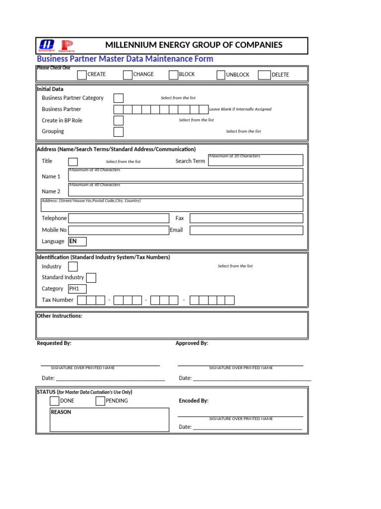 MDMF - Business Partner Data Maintenance Form | PDF | Computing