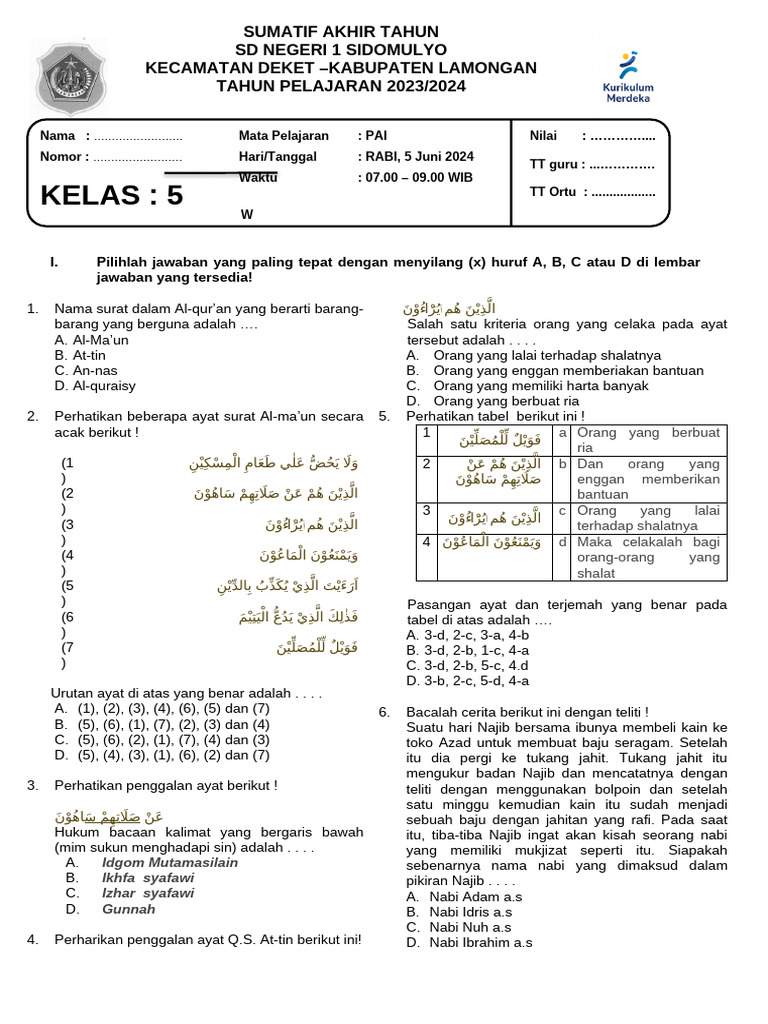 Soal PAI Kelas 5: Ujian Akhir Tahun | PDF