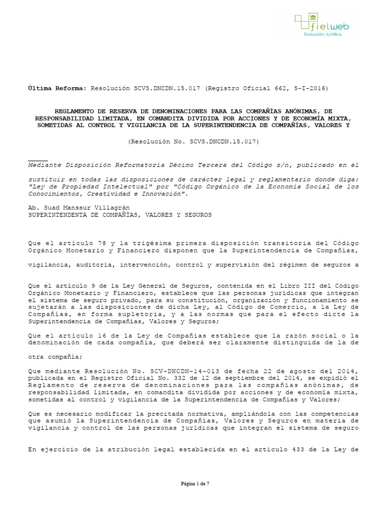 Documento - REGLAMENTO RESERVA DENOMINACIONES COMPAÑÍAS | PDF | Seguro | Reaseguro