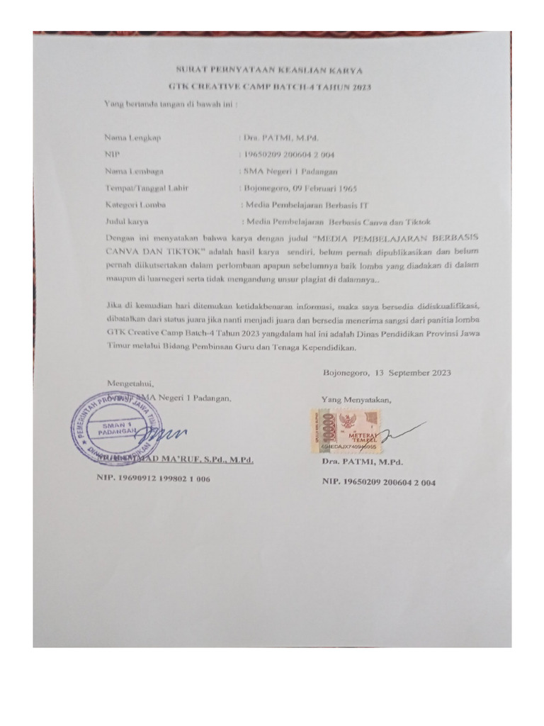 Surat Pernyataan Keaslian Patmi | PDF