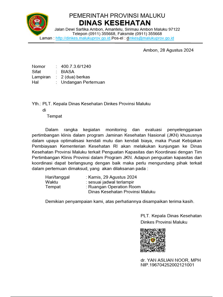 Surat Undangan Monev JKN Kemenkes 2024 | PDF