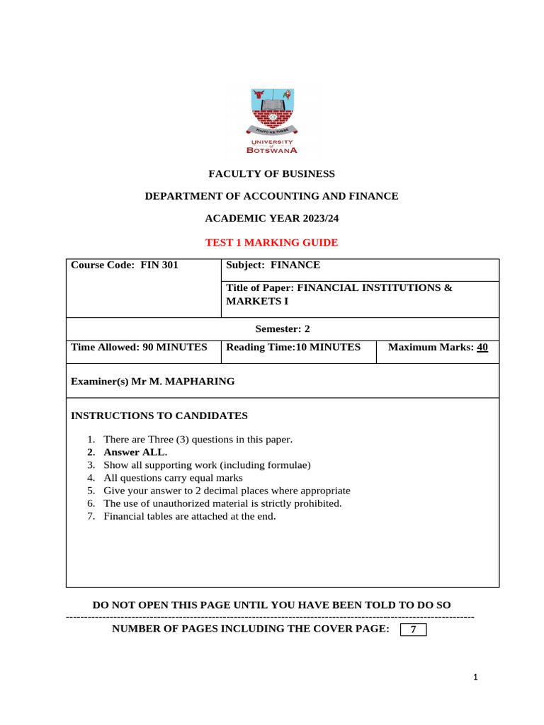 Fin 301 - 2023 - Test 1.docx Marking Guide | PDF | Bonds (Finance ...