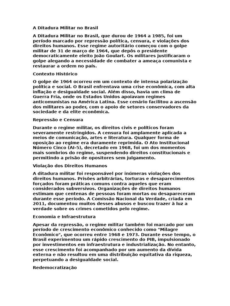 Ditadura Militar no Brasil: Repressão e Legado | PDF | Ciência Política