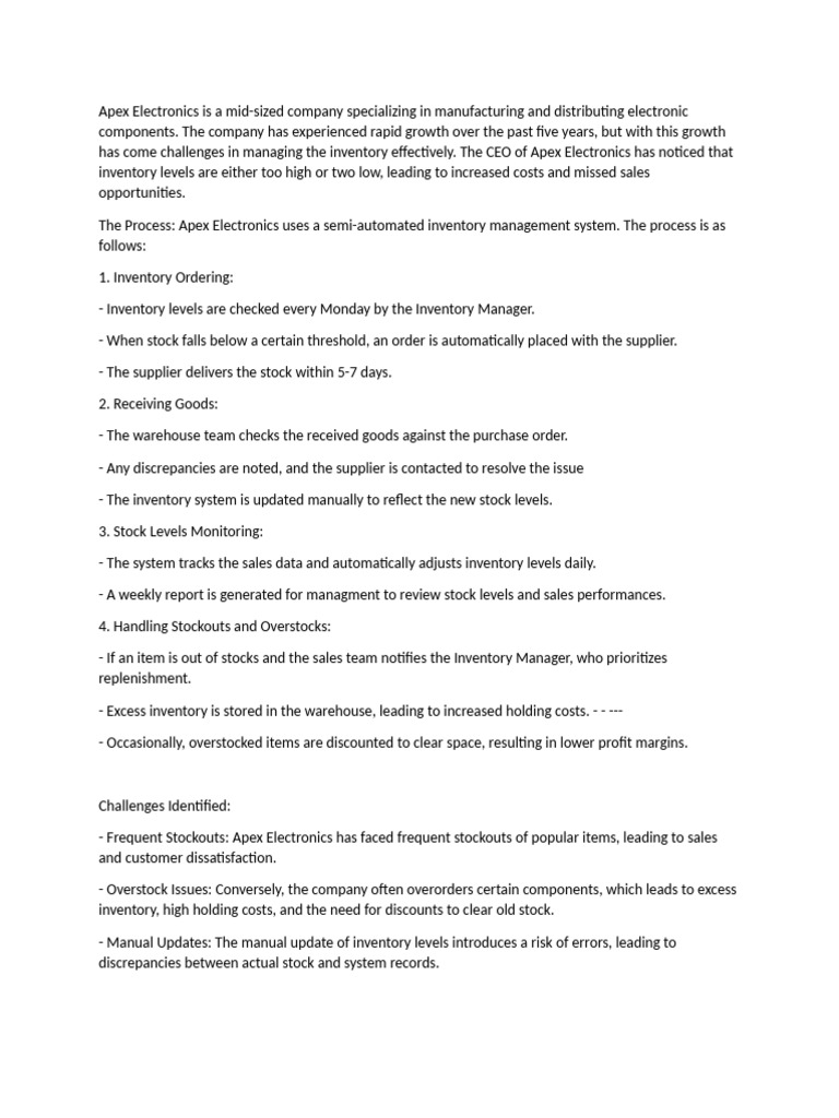 Apex Electronics Is A Mid Parag | PDF | Inventory | Lean Manufacturing