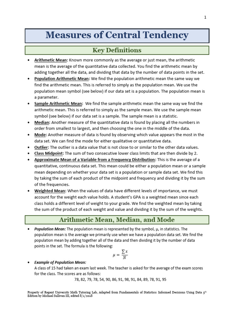 ML Math 201 Measures of Central Tendency | PDF | Mean | Arithmetic Mean
