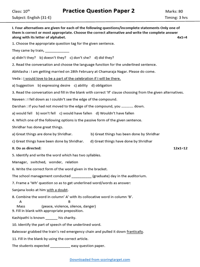 SSLC English Practice Question Paper 2 With Key 2022 23 | PDF ...