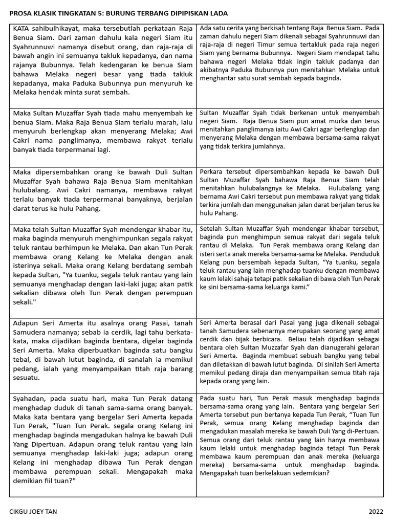 Prosa Klasik Tingkatan 5 Burung Terbang Dipipiskan Lada Jawaban | PDF