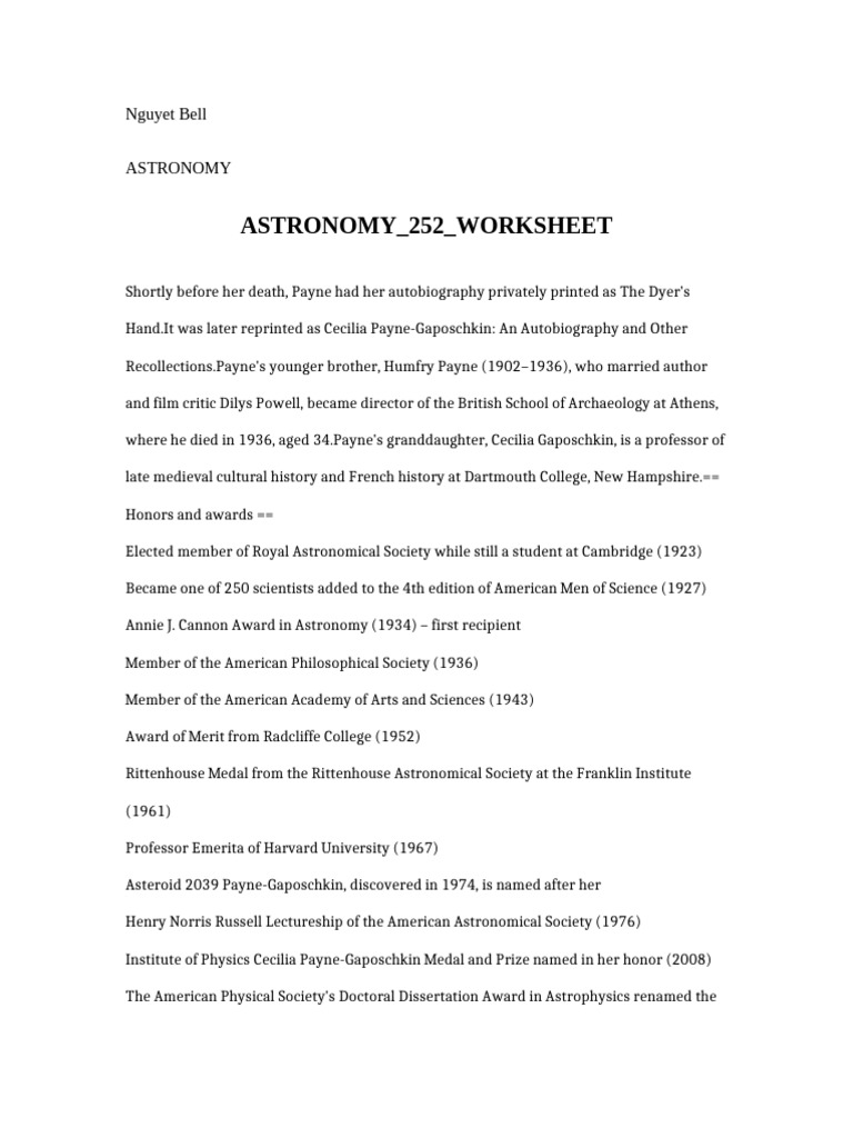 Astronomy 252 Worksheet | PDF | Astronomy | Physical Sciences