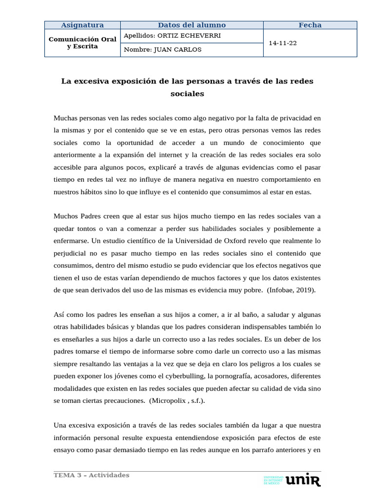 Ensayo Argumentativo Redes Sociales - Juan Carlos Ortiz | PDF | Redes ...