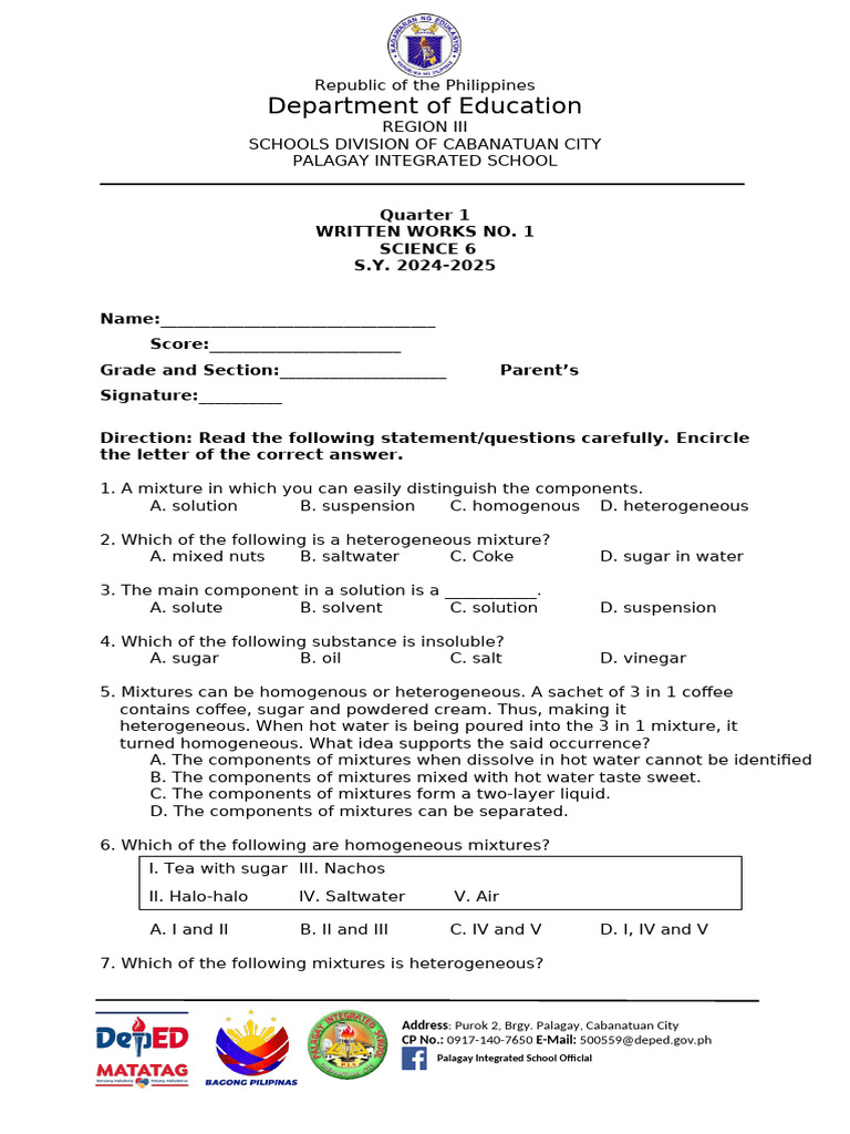 WW1_SCIENCE 6-Q1 | PDF | Mixture | Solubility