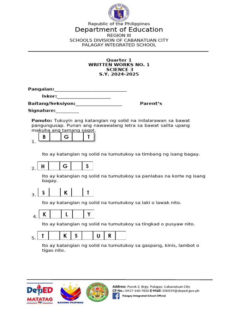WW1 - Science 3-Q1 | PDF