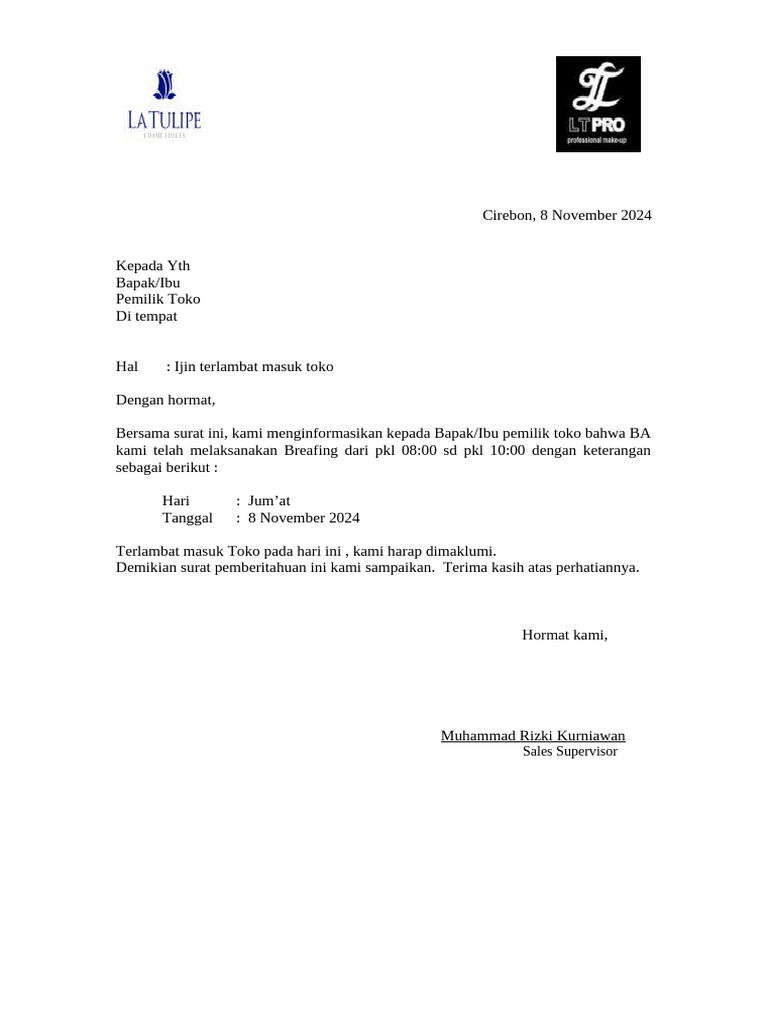 Surat Ijin Datang Terlambat | PDF