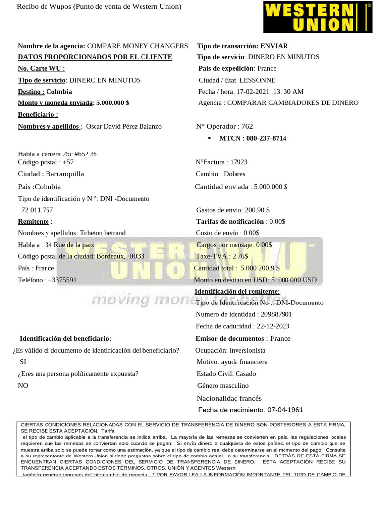 Recu Western Union Nouveau - Equateur 12 | PDF | Transferencia bancaria | Western Union