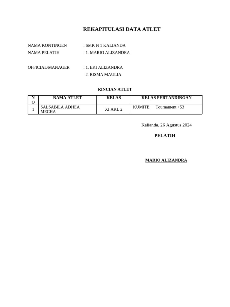 Rekapitulasi Data Atlet | PDF