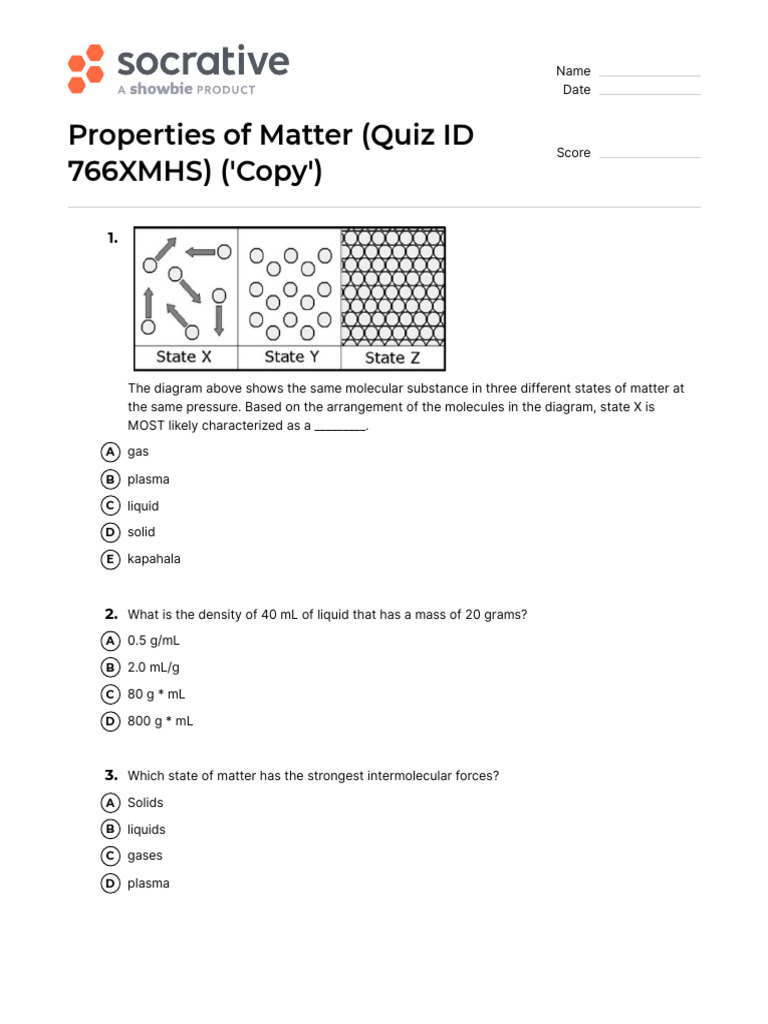 Quiz_Properties of Matter (Quiz ID 766XMHS) (Copy) | PDF