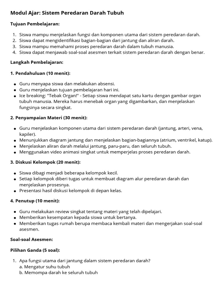Modul Ajar Sistem Peredaran Darah Tubuh | PDF | Sains & Matematika