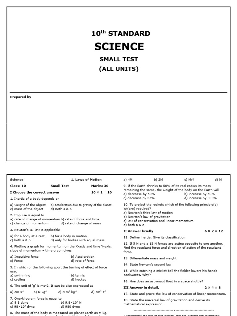 10th Standard Science Small Test | PDF | Thermal Expansion | Chemical ...