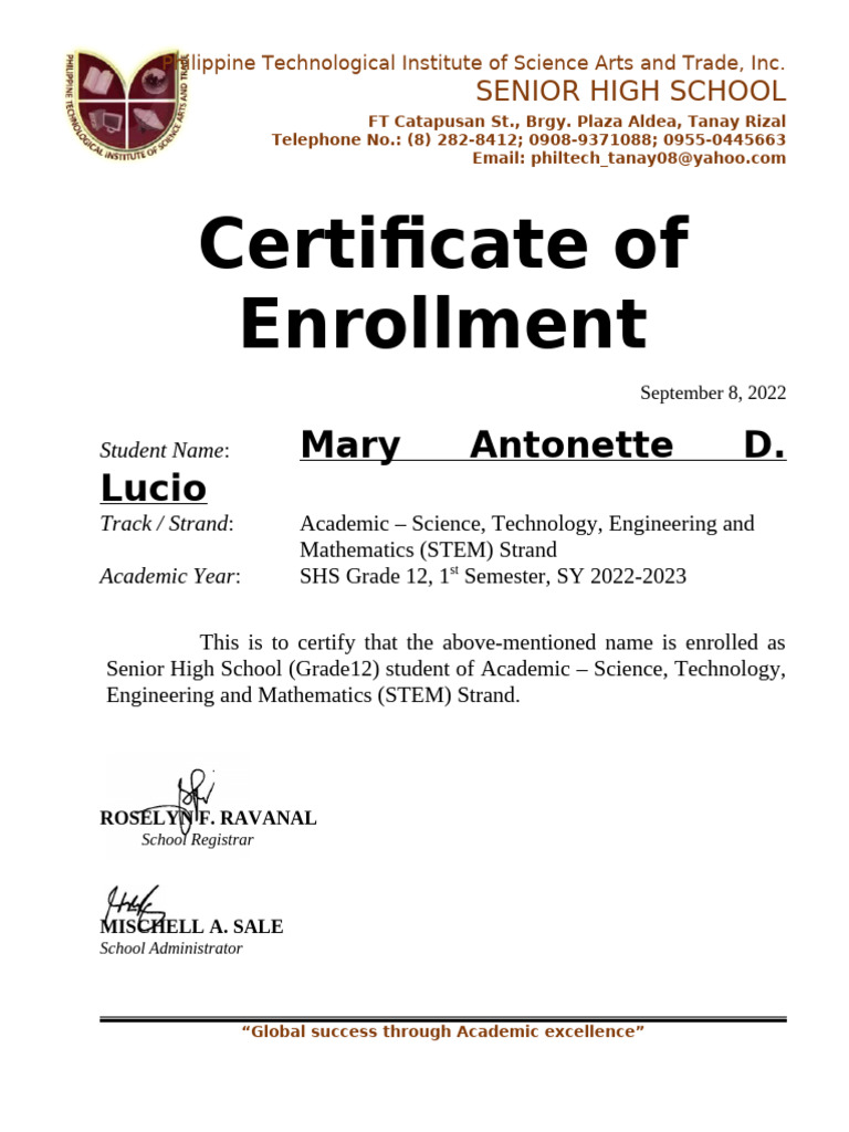 Grade 12 Enrollment Certificates Summary | PDF