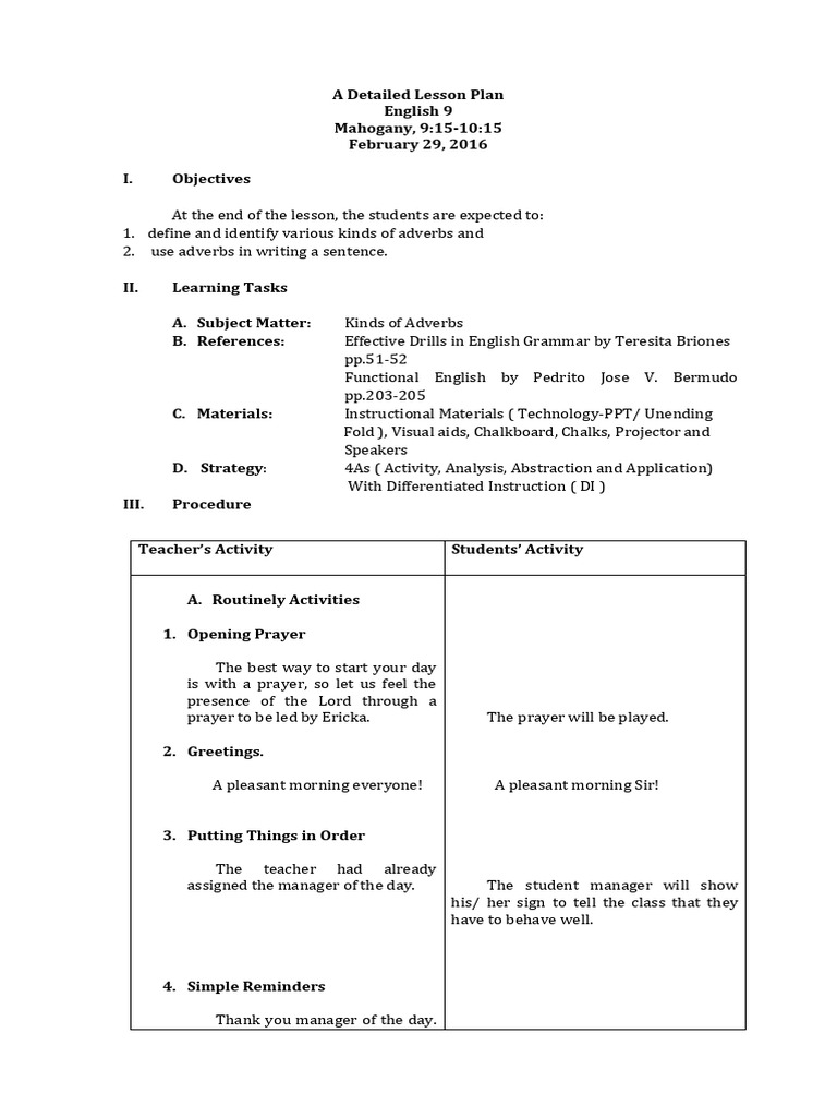 4As Lesson Plan | PDF | Adverb | Linguistics