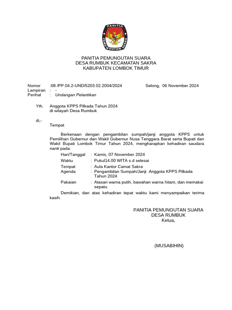 Undangan Pelantikan Anggota KPPS 2024 | PDF