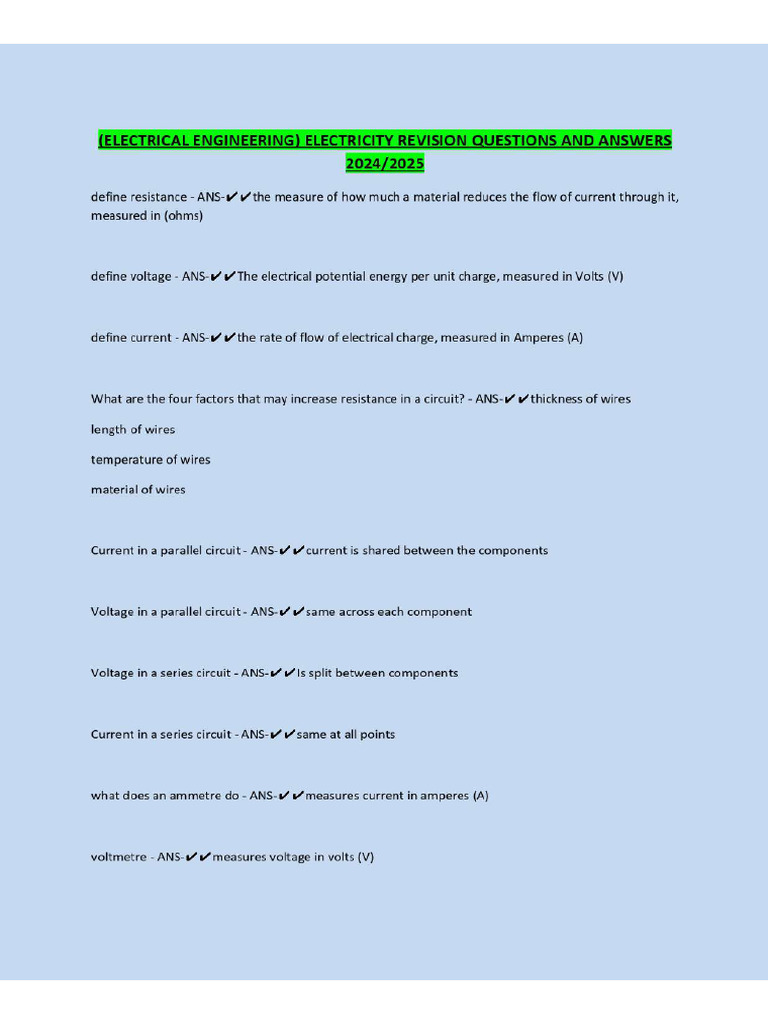 (Electrical Engineering) Electricity Revision Questions and Answers ...