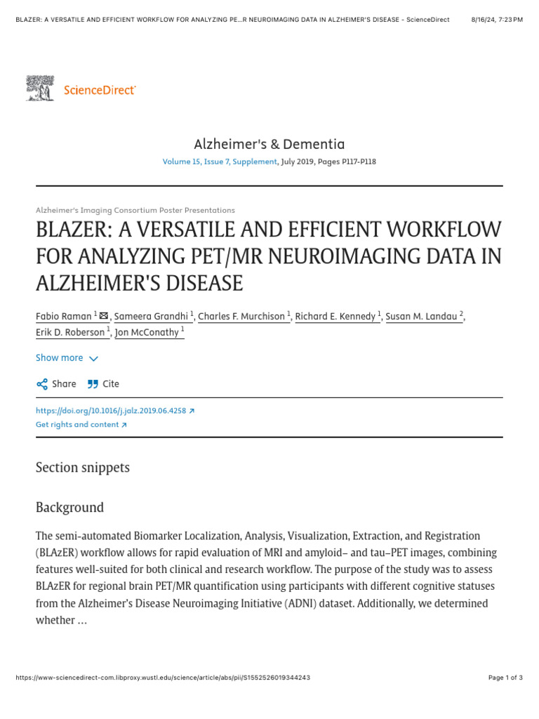 Blazer: A Versatile and Efficient Workflow For Analyzing Pet:Mr Neuroimaging Data in Alzheimer's ...