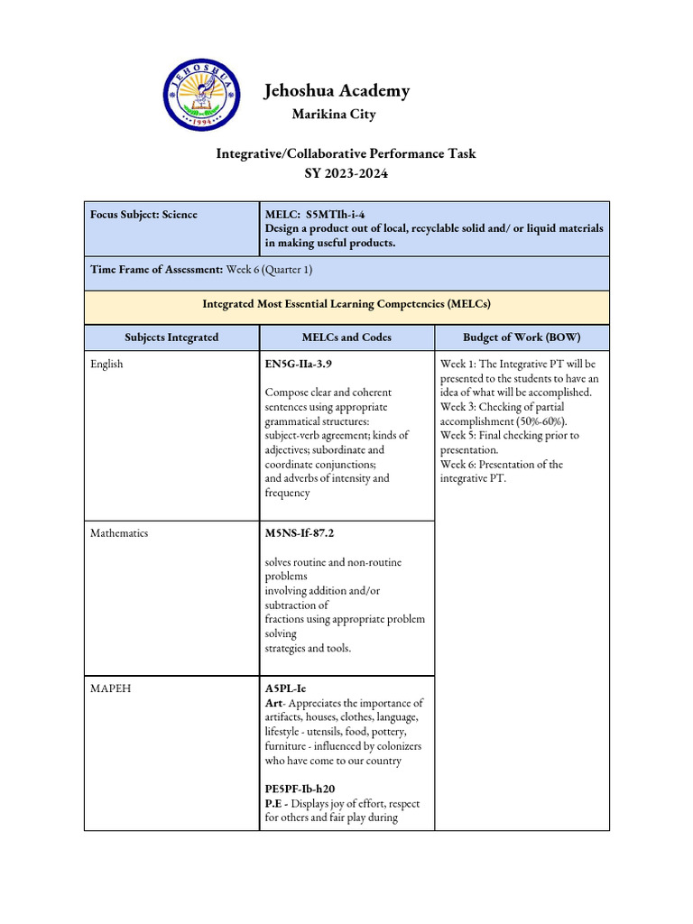 Grade 5 Collaborative Performance Task - 23-24 | PDF | Recycling ...