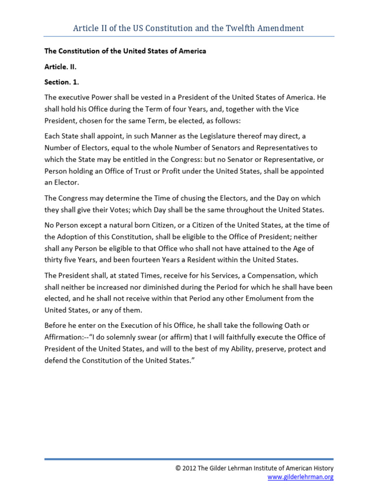 Article II of The US Constitution and The Twelfth Amendment - 1 | PDF ...