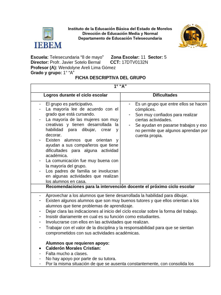 Ficha Descriptiva Grupal | PDF | Educación Secundaria | Maestros