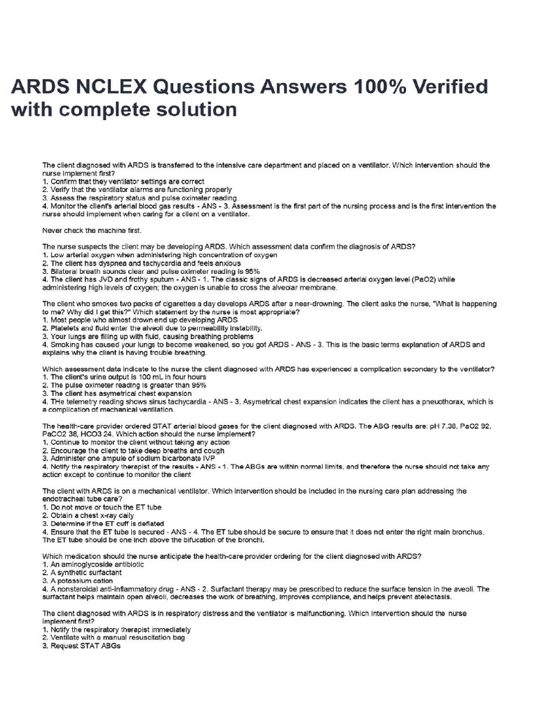 3 ARDS NCLEX Questions Answers 100 Verified With Complete Solution ...