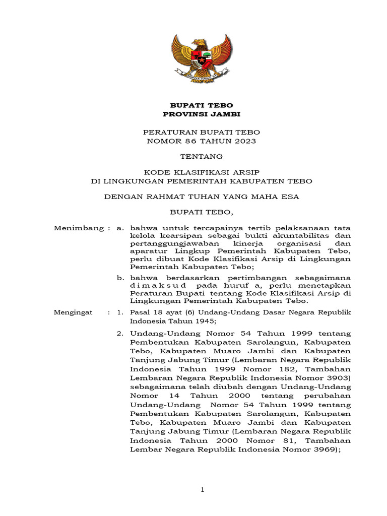 Perbup No 86 Tahun 2023 TTG Kode Klasifikasi Arsip | PDF