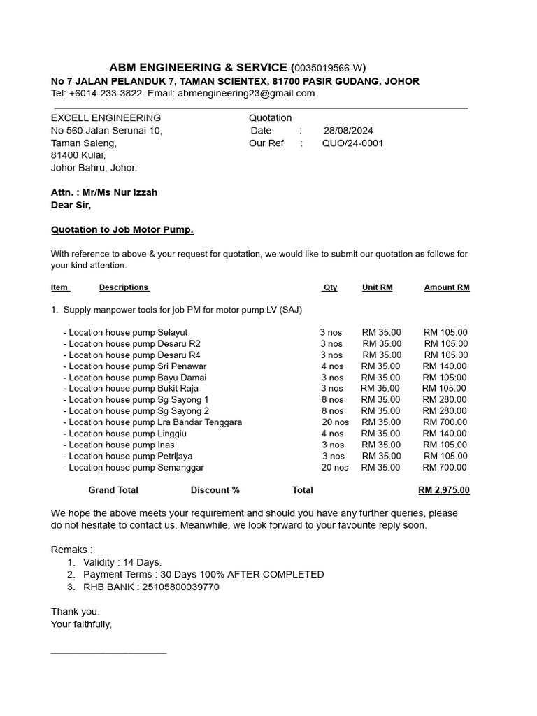 Quotation for Motor Pump Services | PDF