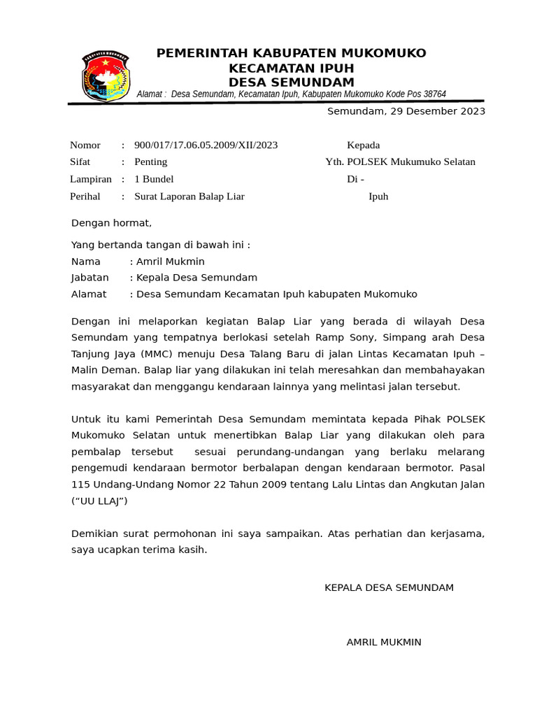 018 Surat Laporan Balap Liar | PDF