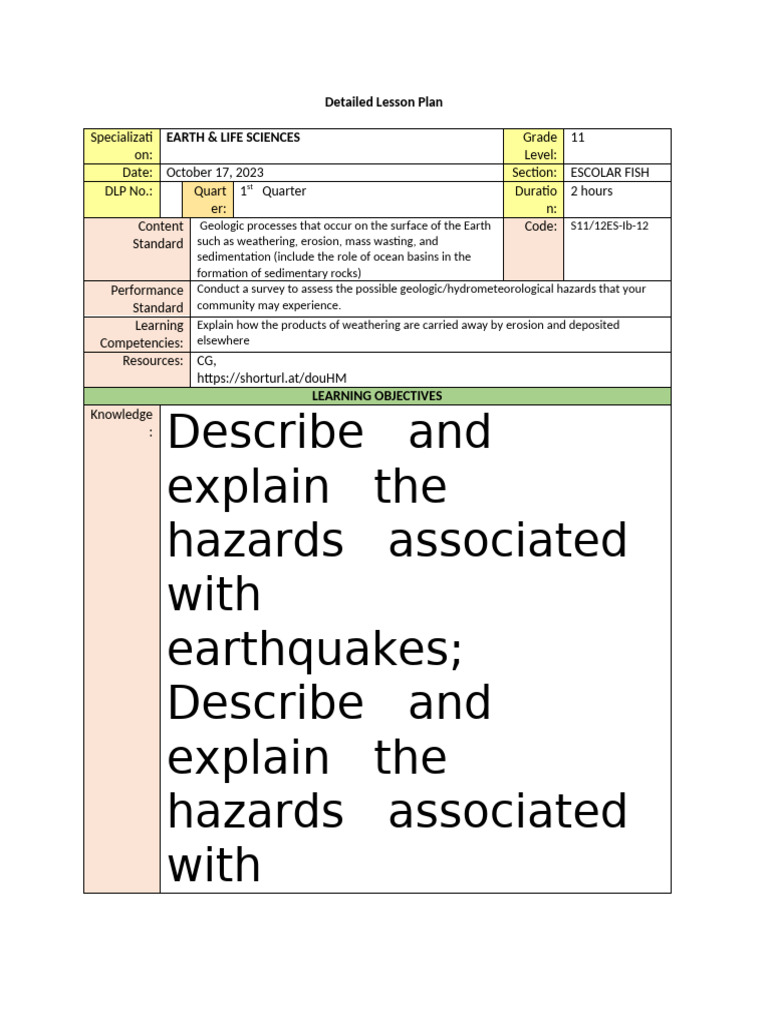 Grade 11 Earth Science Lesson Plan | PDF | Weathering | Rock (Geology)