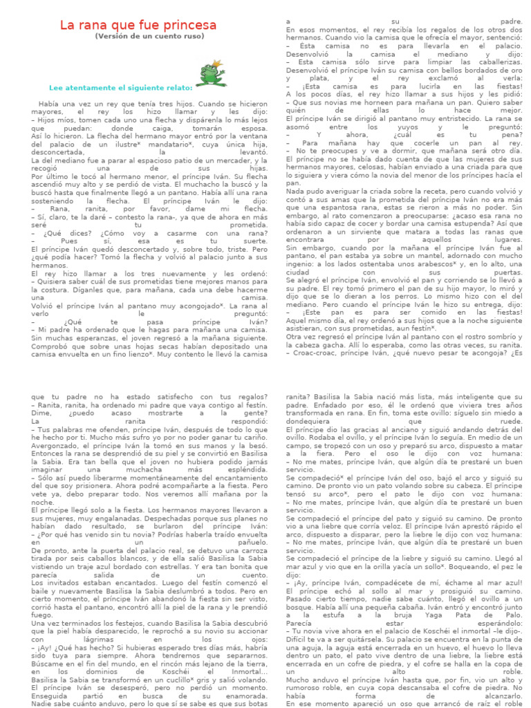 La Rana Que Fue Princesa ACTIVIDAD ARTICULACIÓN | PDF | Cuentos | Narración