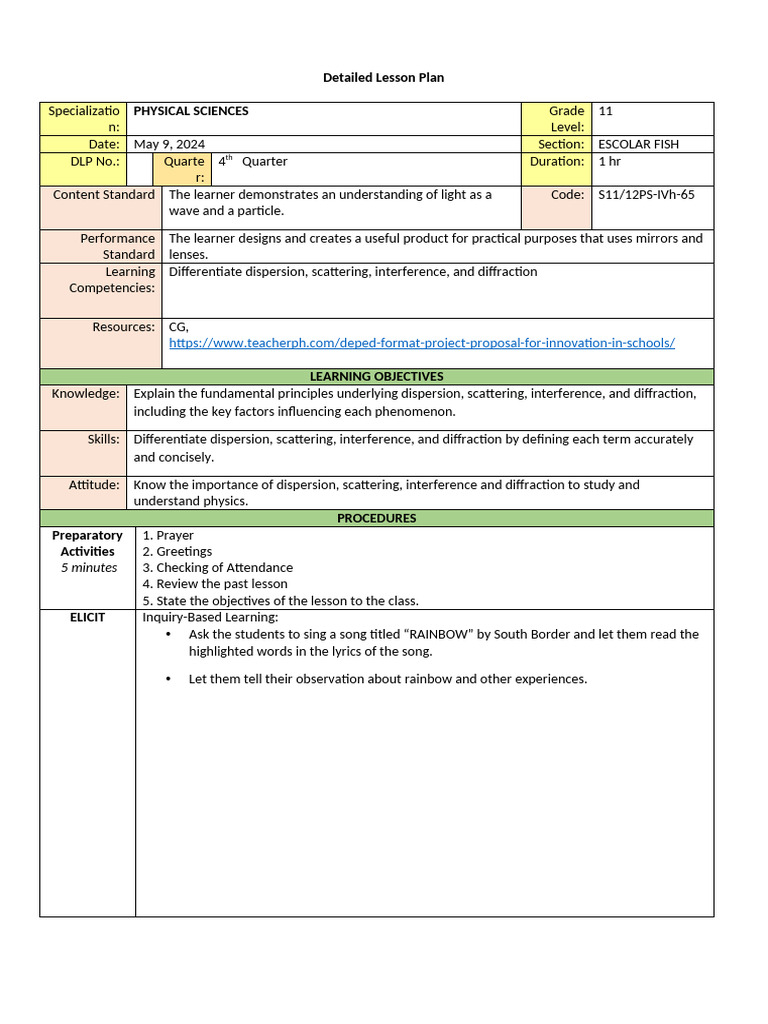 Detailed Lesson Plan - 4th Quarter - Demo | PDF | Light | Diffraction