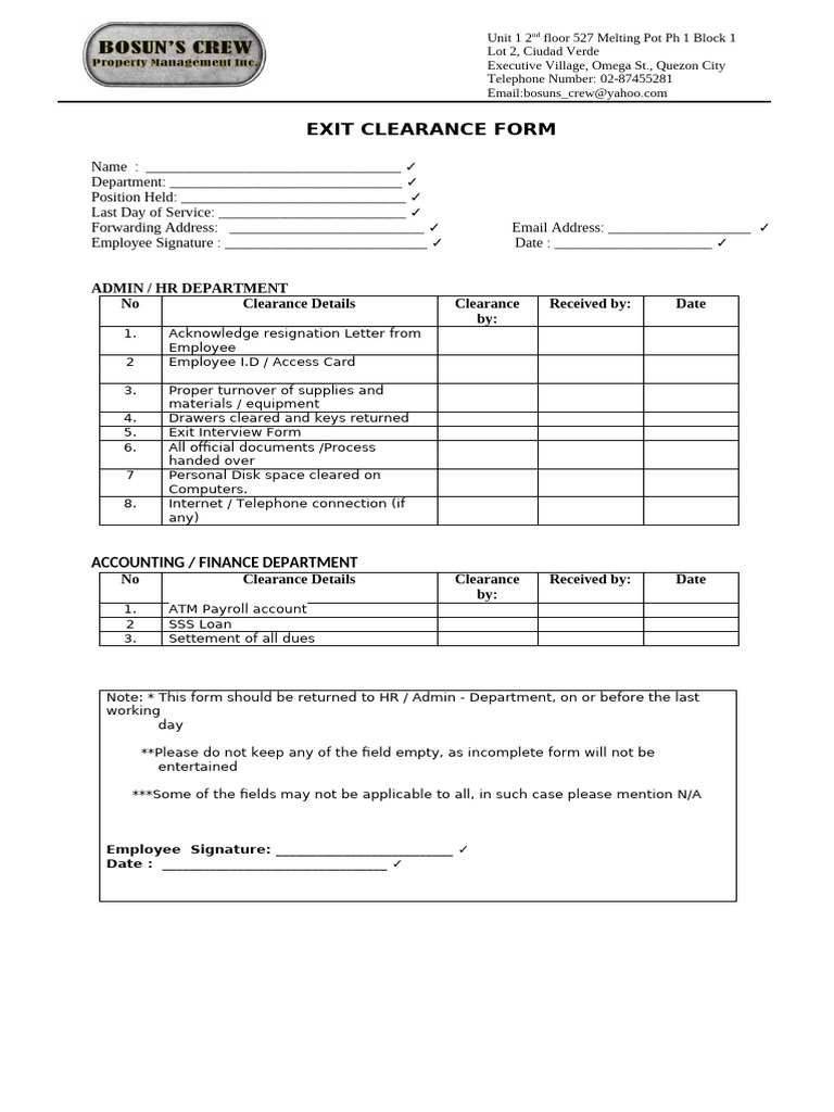 Exit Clearance Form | PDF