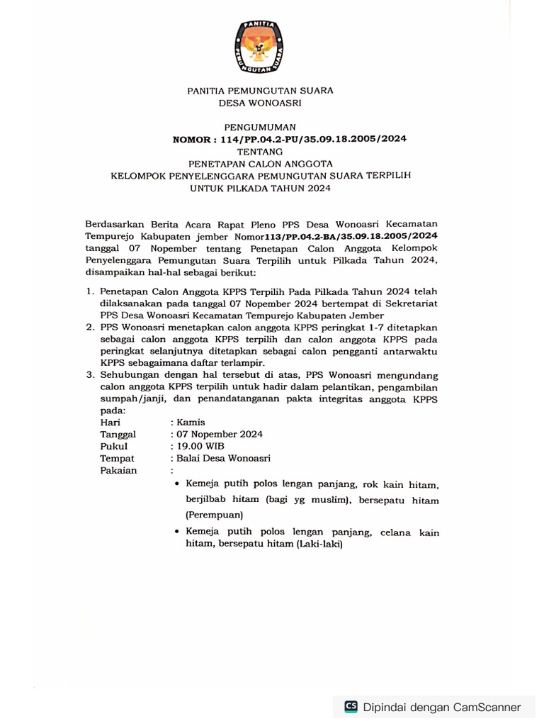 Pengumuman Penetapan KPPS Pilkada 2024 | PDF
