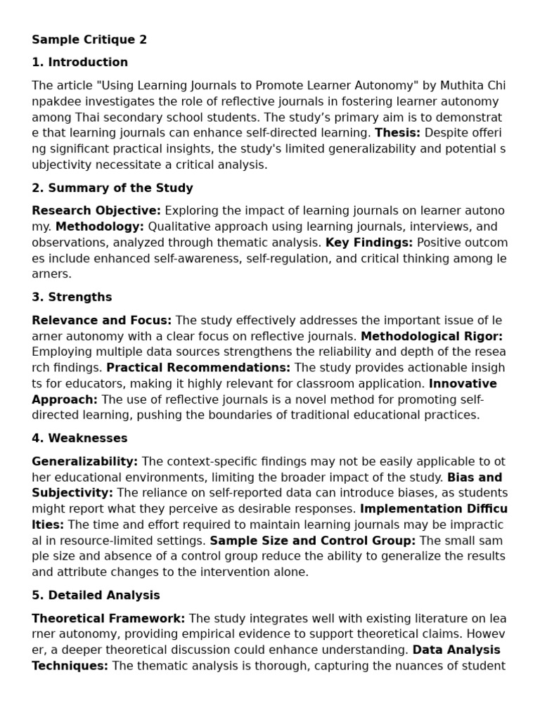 SAMPLE CRITIQUE 2 | PDF | Methodology | Critical Thinking