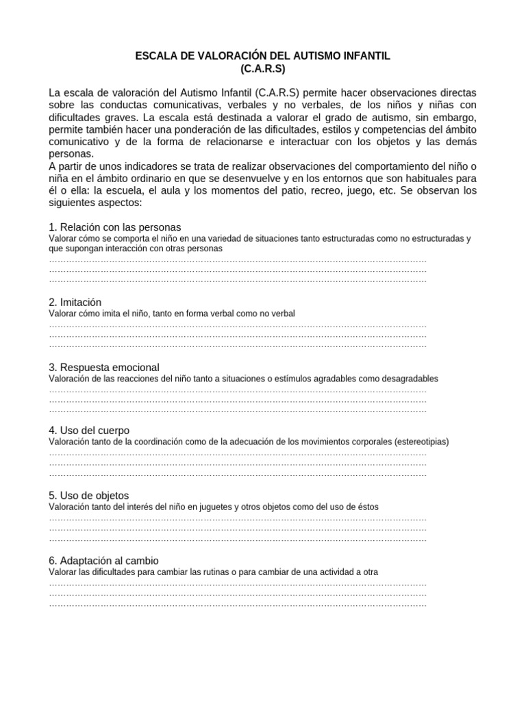 Escala C.A.R.S. para Valorar Autismo Infantil | PDF | Síndrome de ...